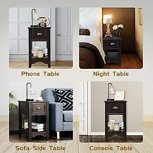 Giantex End Table with Drawer, Retro Narrow Side Table, Nightstand with Solid Wood & Stroage Shelf, Bedside Table for Living Room Bedroom Small Space Home Office (2, Espresso)