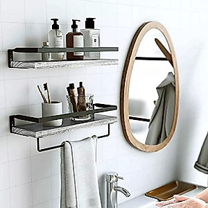 Halter Bathroom Shelf with Towel Bar, Wall Mounted Floating Shelves with Bar and Metal Towel Rod for Bathroom and Kitchen, Wooden Bathroom Shelves, Floating Bar Shelves, Grey