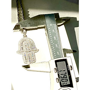 Shop-iGold Men's Hamsa Evil Eye Protector Men Women 925 Italy White Gold Finish Iced Silver Charm Pendant Stainless Steel Real 3 mm Rope Chain, Mans Jewelry, Iced Pendant, Rope Necklace 16"- 24" (24)