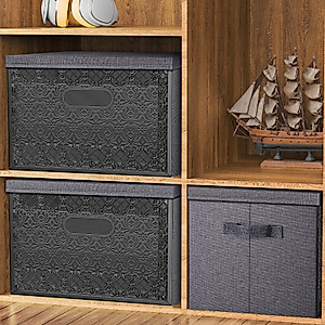 Iirios Storage Bins With Lids, 3 Pack Linen Foldable Storage Bins, Metal Clothes Storage Containers with Handles, Stackable Storage Baskets for Clothing, Blanket, Comforters, Pillows and Toys (Black)