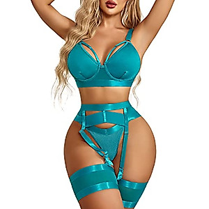 Avidlove Garter Set Lingerie for Women High Waisted Underwire Bra and Panty Sets Sexy Push Up Boudoir Outfits(Blue,XL)