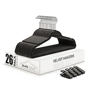 Velvet Hangers 26 Pack with Clips - Non Slip Black Felt Hangers - Space Saving Clothes Hangers for Coat, Shirt, Pants & Dress - Slim Heavy Duty Hangers for Clothing