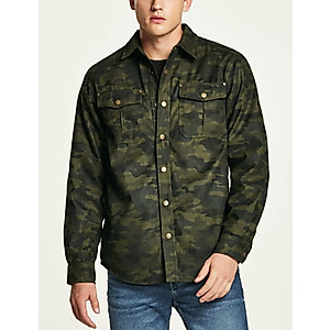 CQR Men's Flannel Lined Shirt Jackets, Long Sleeved Rugged Plaid Cotton Brushed Suede Shirt Jacket, Flannel Print Lined Camo Olive, X-Small