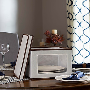 Household Essentials 536 Dinnerware Storage Box with Lid and Handles | Storage Bin for Dinner Plates | Natural Canvas with Brown Trim