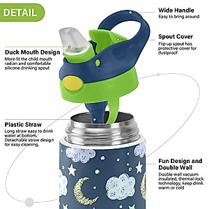 ALAZA Good Night Colorful Stars Moon Kids Water Bottles with Lids Straw Insulated Stainless Steel Water Bottles Double Walled Leakproof Tumbler Travel Cup for Girls Boys Toddlers 12 oz,Green