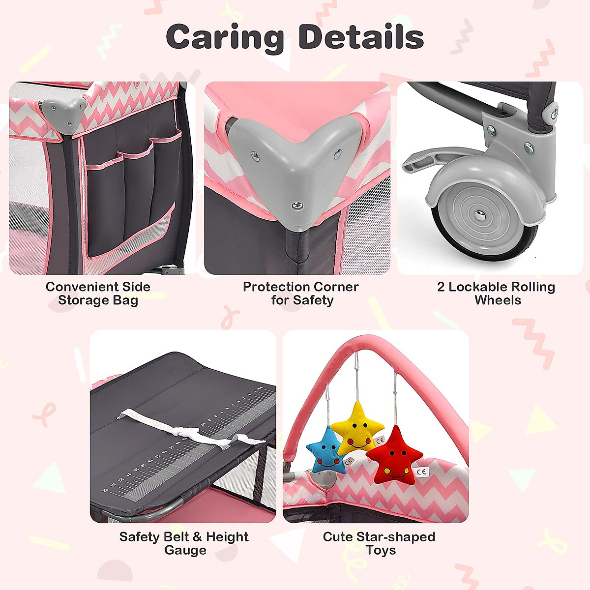 BABY JOY 4 in 1 Pack and Play, Portable Baby Playard with Bassinet, Side Zipper Door, Changing Table, Indoor Outdoor Travel Nursery Center w/Toy Bar, Lockable Wheels, Carry Bag