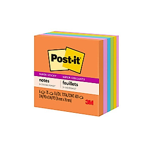 Post-it Super Sticky Notes, 4x4 in, 6 Pads, 2x the Sticking Power, Energy Boost, Bright Colors (Orange, Pink, Blue, Green), Recyclable(675-6SSAN)
