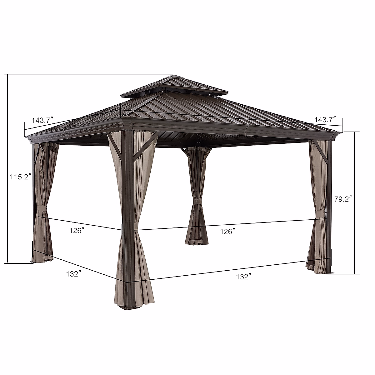 LUCKYBERRY 12' X 12' Outdoor Hardtop Galvanized Steel Roof Double Top Permanent Gazebo Canopy Curtains Aluminum Frame Patio Garden Gazebo with Netting