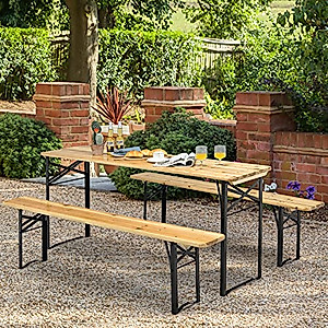 Goplus Foldable Picnic Table with Benches, 3-Piece 70” Portable Beer Garden Table with Sturdy Steel Frame, Folding Wooden Picnic Tables for Outdoors, Patio, Backyard