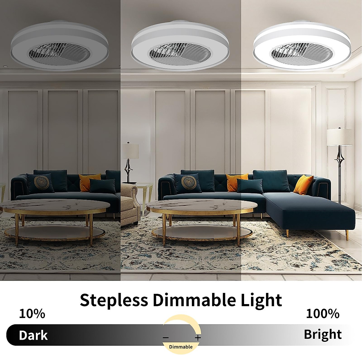 Ceiling Fan with Lights Remote Control,Dimmable Fan Lighting, 20'' Enclosed Bladeless Fan, Semi Flush Mount,2.4GHz Wi-Fi Bluetooth & App Controlled Works with Alexa and Google Assistant (Matte White)