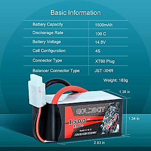GOLDBAT 4S 1500mAh 100C 14.8V LiPo Battery Pack with XT60 Plug for Heli Airplane Drone FPV Racing (2 Packs)