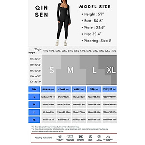 QINSEN Woman's Square Neck Long Sleeve High Waist Long Leggings Jumpsuit Black S