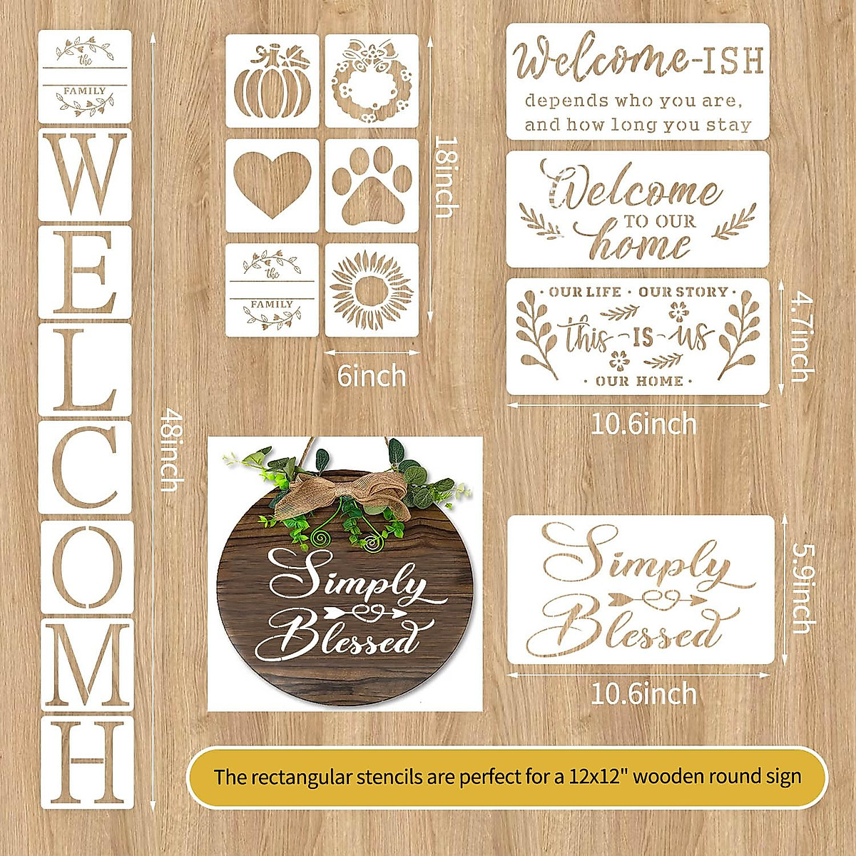 22 Pieces Large Letter Welcome Stencils for Painting on Wood, Reusable Farmhouse Stencil Plastic Wood Burning Stencil Word Painting Stencil Craft Template for Wood Porch Sign Wall Home Decor