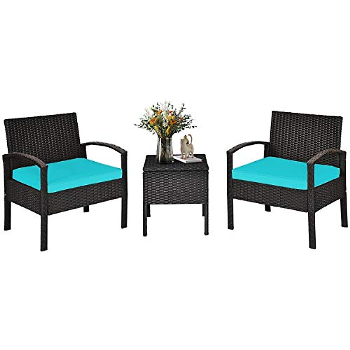 3 PCS Outdoor Conversation Set Patio Rattan Furniture Set 2 Single Sofa 1 Coffee Table With Hidden Storage Compartment Turquoise Soft Cushions Perfect For Garden Backyard Deck Balcony Poolside Use
