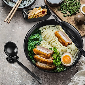 Didaey 4 Sets Japanese Ramen Bowl Set 37 oz Black Melamine Large Ramen Noodle Bowl Asian Chinese Korean Miso Soup Bowl with Spoons Chopsticks Saucers and Chopsticks Holders for Pho Udon Thai Soba