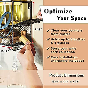 FLOMAC FINEST Wine Holder Wall Mounted - Stores 4 Glasses 5 Wine Bottles - with Cork Holder Storage - Home and Kitchen Wall Decor Storage- Bonus E-Book and Grapes