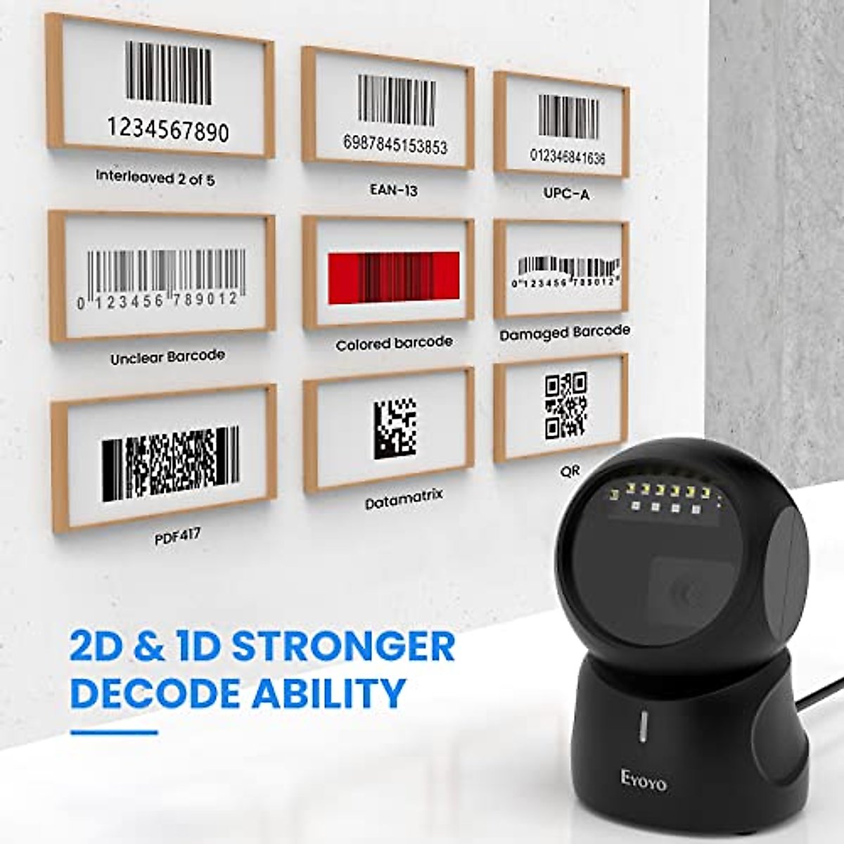 Eyoyo Barcode Scanner, QR 2D Hands-Free Omnidirectional Automatic Sensing Scanning USB Desktop Barcode Scanner, Wired Bar Code Reader Screen Scanning for POS PC Supermarket Library Retail Bookstore