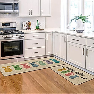 Artoid Mode Happy Easter Rabbits Decorative Kitchen Mats Set of 2, Home Seasonal Spring Easter Holiday Holiday Party Low-Profile Floor Mat - 17x29 and 17x47 Inch