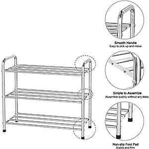 NEFSO 3-Tier Shoe Rack, 100% Stainless Steel Shoe Cabinet, Stackable 9 Pairs of Storage Racks, Suitable for Bedroom, Closet, Entrance, Dorm, L26 w9 h20(Silver)-Three Floors-Silver