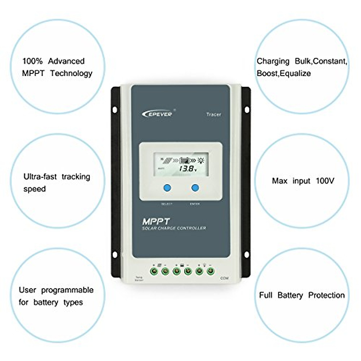 EPEVER MPPT Solar Charge Controller 30 amp 12V 24V Auto, 30A Solar Charge Controller Max 100V Input Negative Grounded Solar Reulator for Lead-Acid and Lithium Batteries Charging and Discharging
