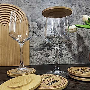 KIKINIKO 6 Pack Wine Glass Covers Funny - Fun Wooden Wine Glass Covers to Keep Bugs Out with Bamboo Toppers - Wine Accessories for Parties, Housewarming Gifts