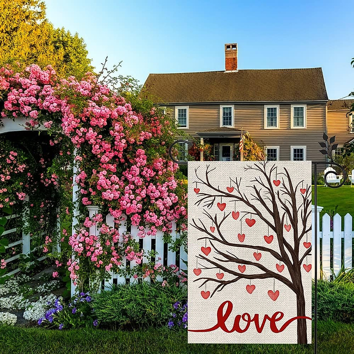 CROWNED BEAUTY Valentines Day Garden Flag 12×18 Inch Love Heart Tree Double Sided for Outside Small Burlap Holiday Yard Decoration