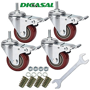 DICASAL 3 Inch Heavy Duty Stem Casters 360 Degree Swivel Durable Wheels Castors with Imperial Size 3/8"-16x1" Threads Dual Safety Locks and Bearings Easy to Install for Furniture and DIY Tools