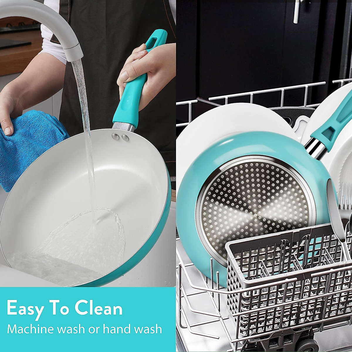 Almcmy Nonstick Cookware Set, 20 Piece Kitchen Cookware Sets, Pots and Pans Cooking Set with Glass Lids, Stay-Cool Handles & Cooking Utensils, PFAS-Free, Dishwasher Safe, Oven Safe, Turquoise