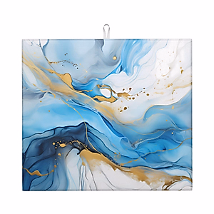 Sky Blue Marble Dish Drying Mat - 18x16 Inch Microfiber Kitchen Drying Pad， Efficient Marble Print Dish Mat - Reversible, Highly Absorbent, And Versatile