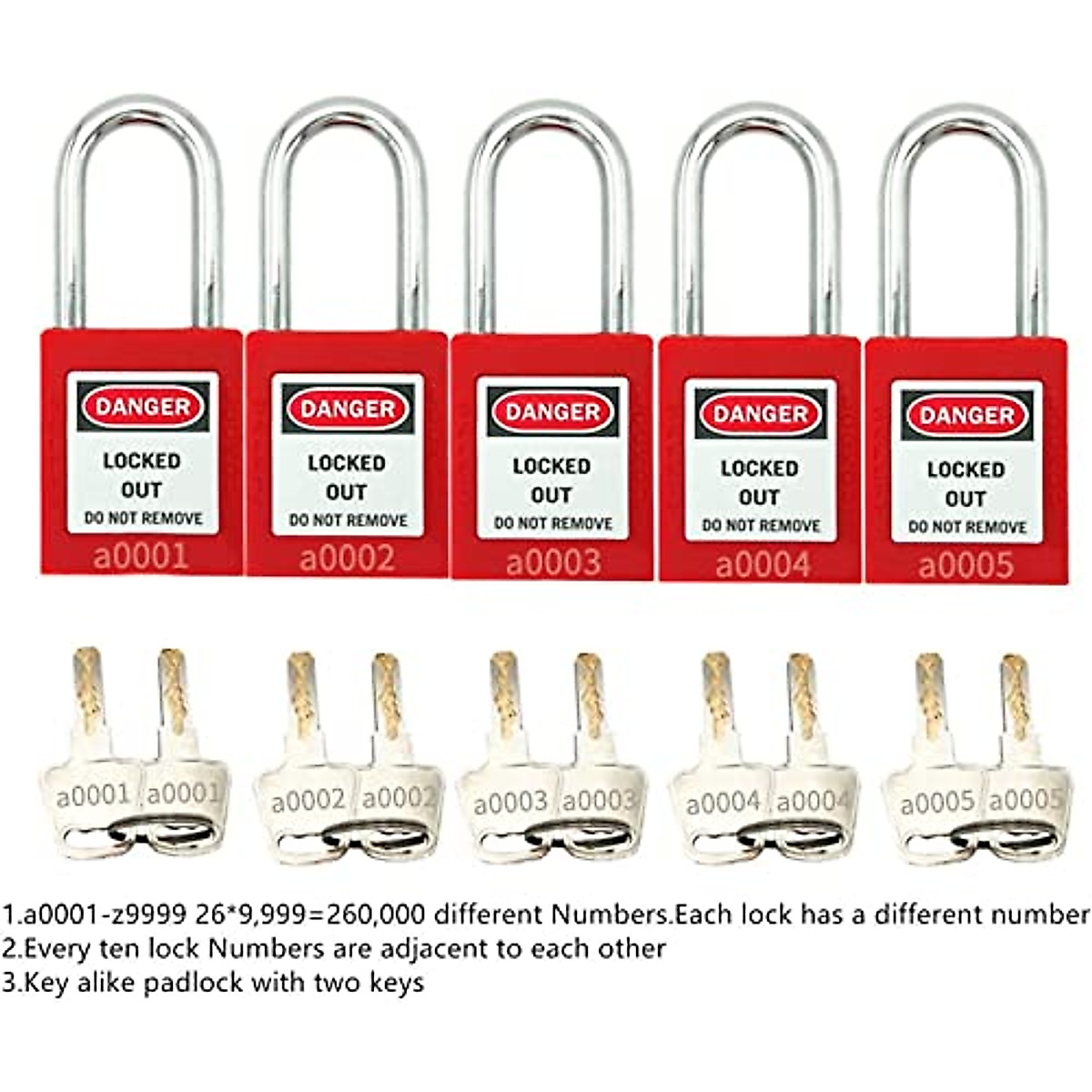 Lockout Tagout Lock 5pcs Set Loto Product Safe Padlocks for Lock Out Tag Out Stations and Devices (Red, Key Alike)