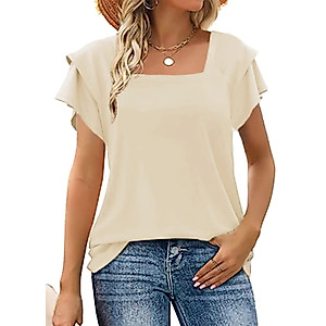Esayendder Womens Summer Tops 2023 Ruffle Short Sleeve Shirts Square Neck Casual T Shirts Apricot