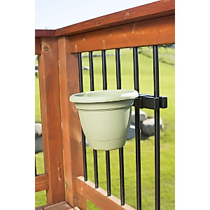 Deck Railing Plant Container Holder/Bracket Kit for Round Pot Planters (10") Connects Harmlessly to Vertical Spindled Railings - Adjustable Height - Heavy Duty Plant Hanger