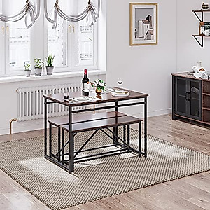 Panana 3 Piece Dining Room Table Set 43 Inch Kitchen Table with Two Benches Breakfast Table Top with Sew Kerf Finish Metal Frame Dining Room Home Rustic Brown