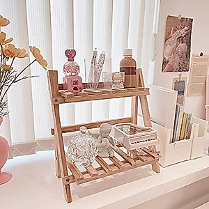 BestAlice Wooden Double Layer Rack Desk Storage Organizer, Foldable Wooden 2-Tier Ladder Shelves, Durable Shelf Flower Pot Seasoning Storage Racks, Sundries Storage Shelf Home Decor Organizer, Ladder