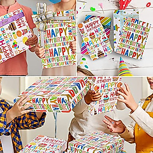 THMORT Birthday Wrapping Paper for Kids, Boys&Girls, Adults. Gift Wrapping Paper With Colorful Happy Birthday Font Print, Star, Rainbow Stripe lines,4 Bright and Shine Designs for Baby Shower, Holiday, Party. Pack Of 12 Sheets 20 X 29 Inch
