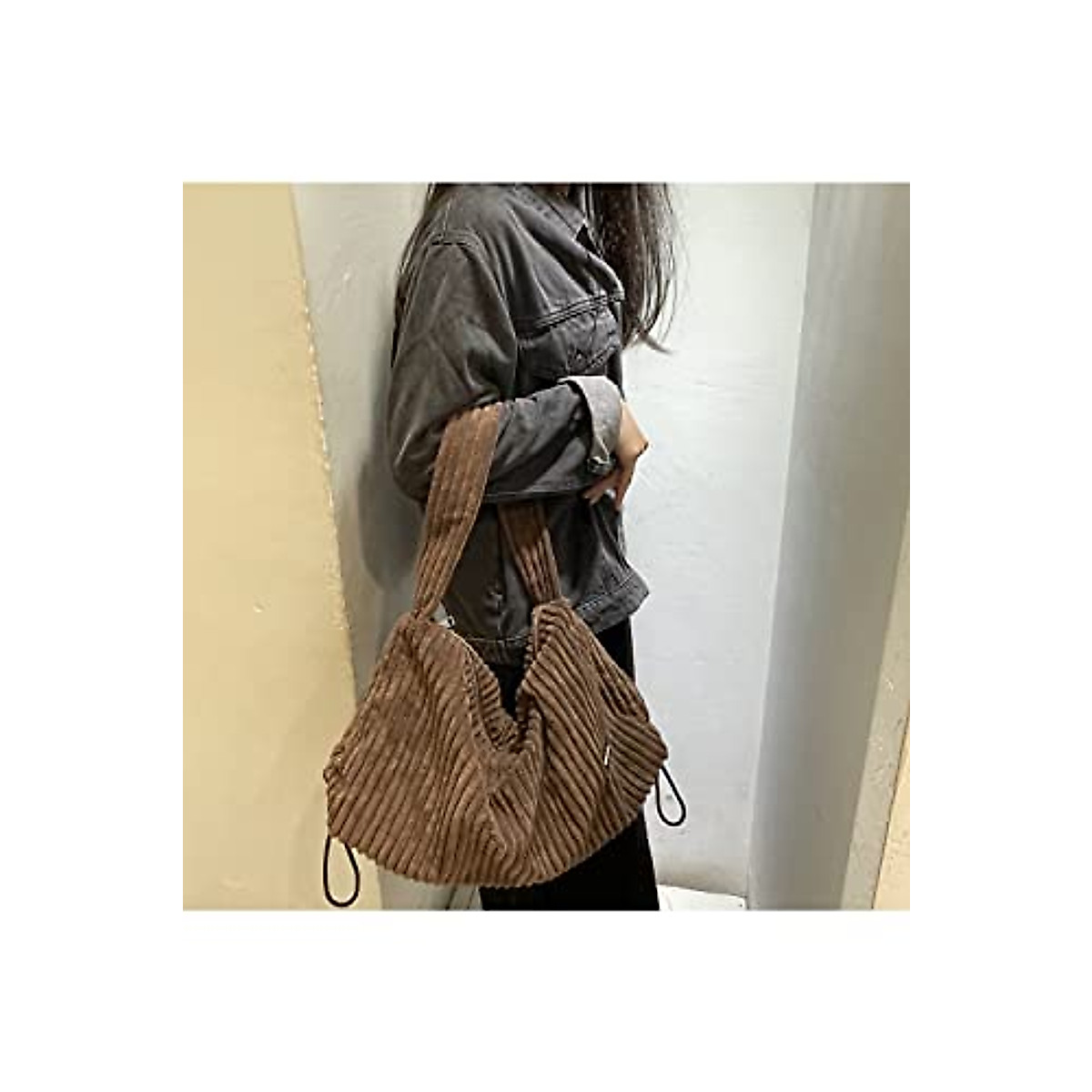 Ulisty Women Corduroy Large Capacity Shoulder Bag Wide Strap Hobo Bag Casual Underarm Bag Handbag khaki