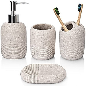 L'ARL GMVOI Bathroom Accessory Set,4 Piece Bathroom Decor Accessories Sets Complete with Soap Dispenser,Toothbrush Holder,Bathroom Tumbler,Soap Dish for Bathroom Vanity Countertop Accessories,Beige