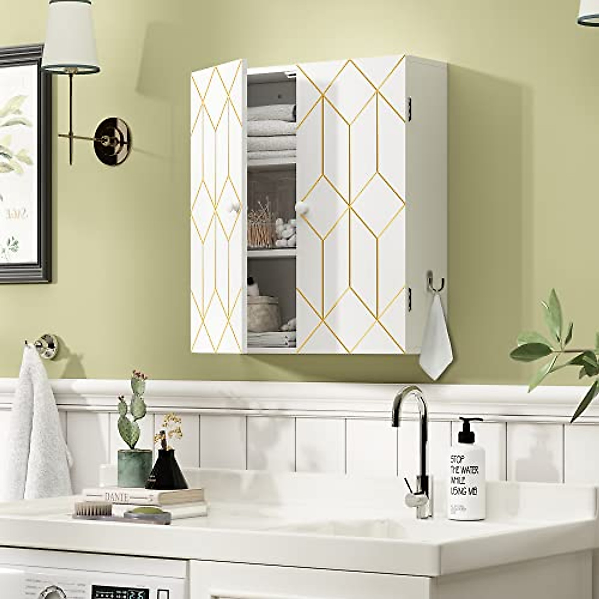 AZODY Bathroom Cabinet with Gold Trim, Wall-Mounted Bathroom Cabinet Storage Cabinet with Adjustable Shelves and Side Hooks, Space Saver Medicine Cabinet for Livingroom, Laundry, Frameless White