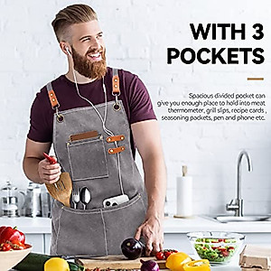 NLUS Canvas Chef Apron, Cross Back Heavy Duty Waterproof Work Apron with Adjustable Straps and Large Pockets for Men Women, Size M to XXL (GREY),27in * 30in