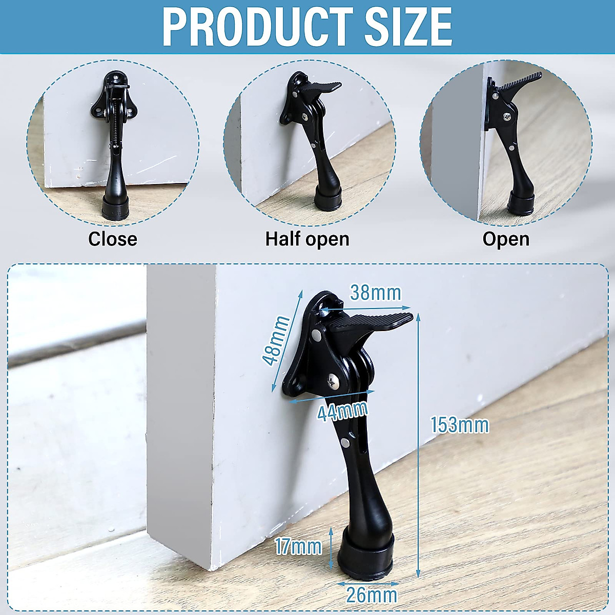 6 Pieces Heavy Duty Door Stops for Bottom of Door 6 Inch Kickdown Door Stops Black Metal Doorstop with Adjustable Rubber Tips Spring Door Stop Kick Door Stop Replacements