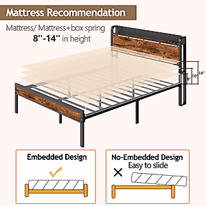 Furnulem Full Bed Frame with LED Lights,Industrial Storage Headboard with Charging Station,USB Port,Under Bed Storage,Wood Platform with Strong Metal Support,No Box Spring Needed, Silent