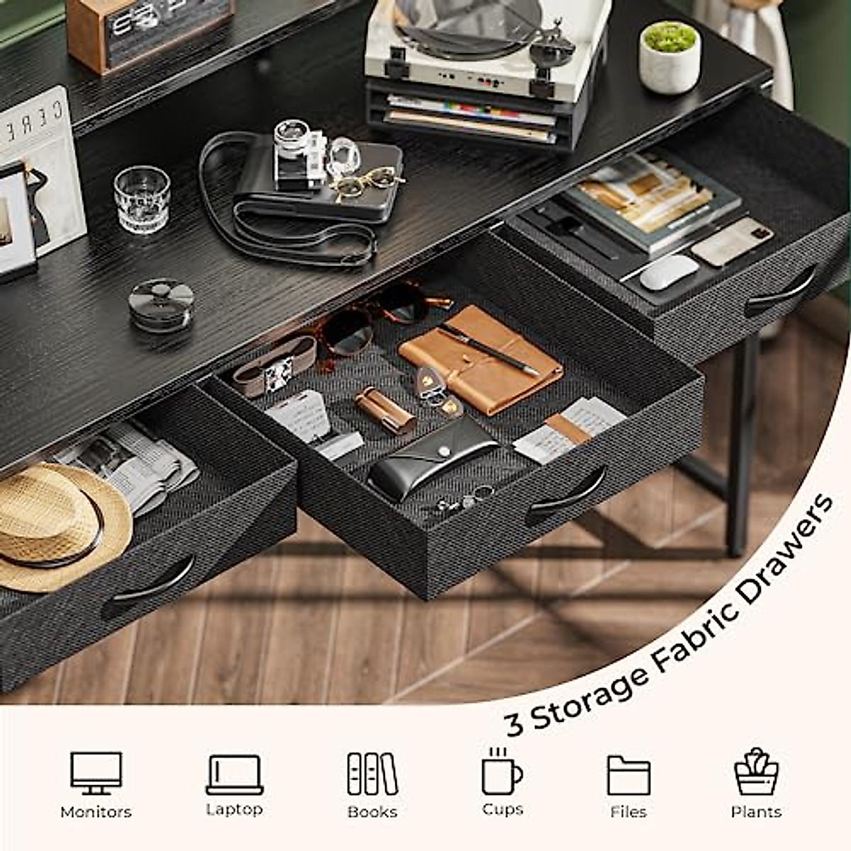 Huuger 47 inch Computer Desk with 3 Drawers, Office Desk Gaming Desk with LED Lights & Power Outlets, Home Office Desks with Storage Space for Bedroom, Work from Home, Black