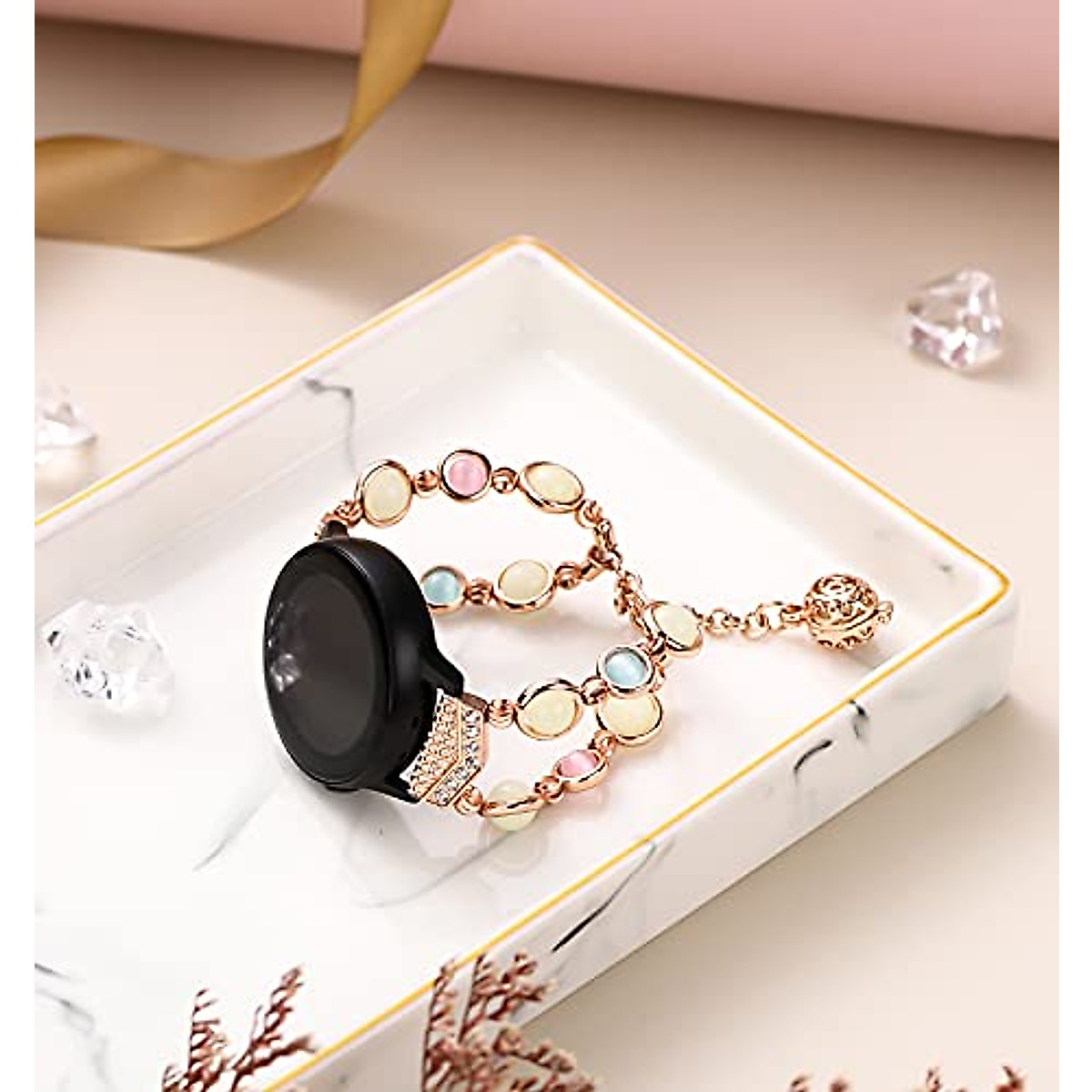 TiMOVO Beaded Fashion Band Compatible with Galaxy Watch Active 2/Active/Galaxy Watch 7/6/5/4 40mm 44mm, Elastic Beaded Night Luminous Beads Band Strap for Women, Rose Gold