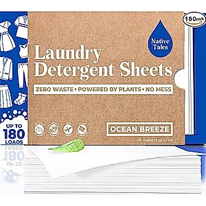 Laundry Detergent Sheets Travel Nativ Tales, Laundry Sheets Detergent with Easily Dissolved of Zero Plastic Waste and Exclusive Formula for Sensitive Skin, 180 Loads- Ocean Breeze Scent