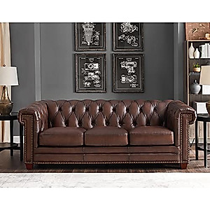 Hydeline Stanwood Top Grain Leather Sofa Couch, 89'', Caramel Brown