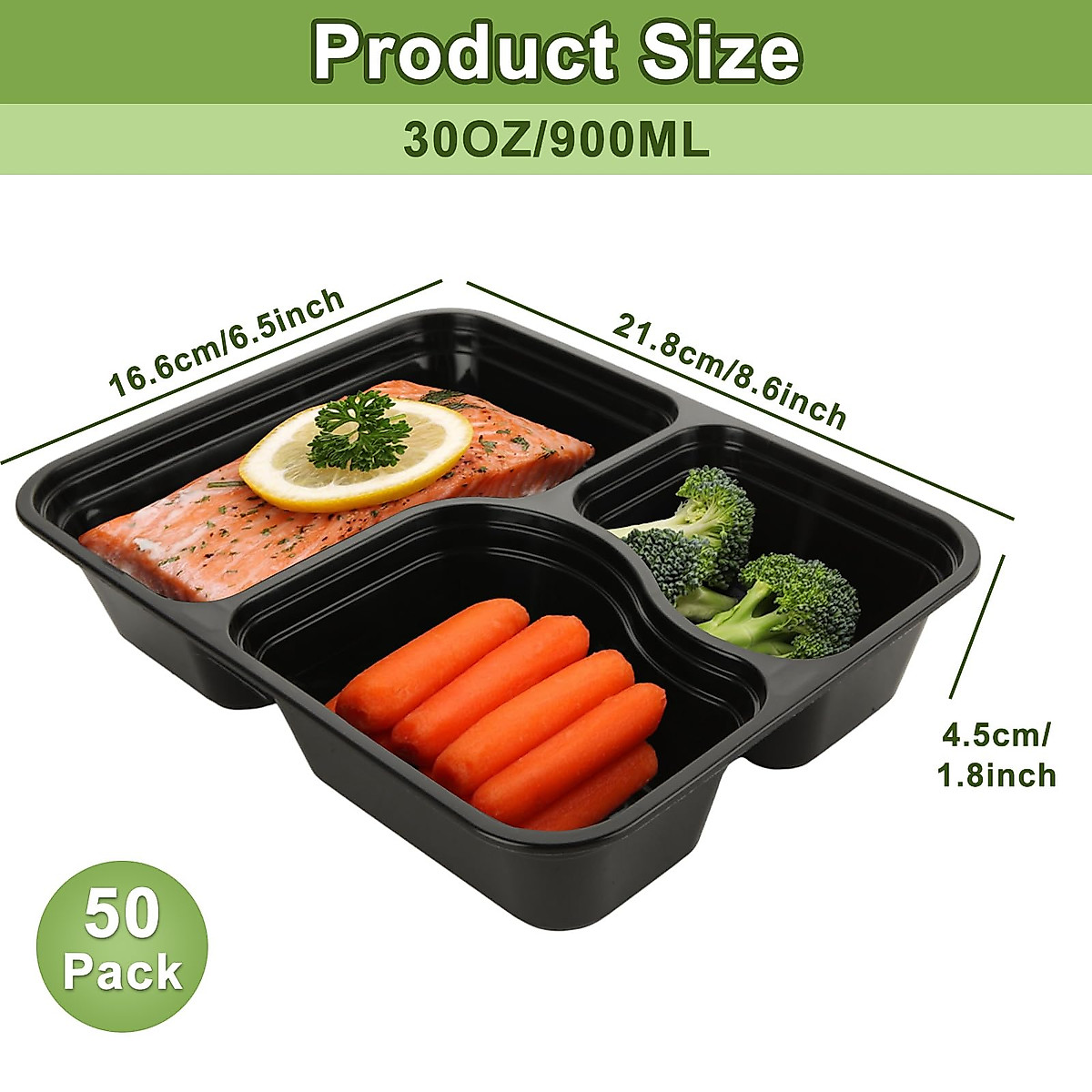MUXHEL 50 Pack 30 oz 3-Compartment Meal Prep Containers with Lids, BPA Free Plastic Food Container Reusable, Microwave Safe Take Out Container with Lid for Meal Prep, Large, Black