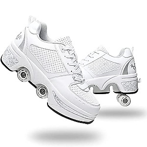 Double-Row Deform Wheel Automatic Walking Shoes Invisible Deformation Roller Skate 2 in 1 Removable Pulley Skates Skating Parkour (White Silver, US 7.5)