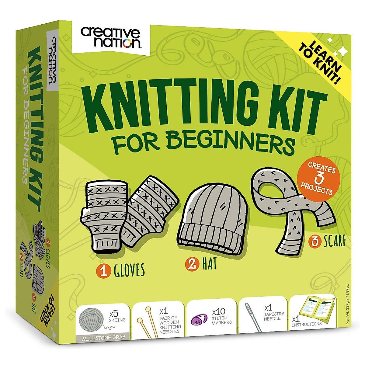 Creative Nation Knitting Kit for Beginners Adults - Complete Knit Kit with Full Color Instruction Booklet, Soft Yarn, Knitting Needles, Yarn Needle, Stitch Markers (Multi-Creative Kit, Gray)