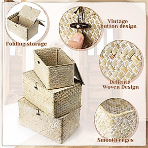 Kigley 6 Pcs Seagrass Basket with Lid Wicker Storage Decorative Boxes with Lids Bin Woven Organizer for Shelf Closet Bedroom, 6 Sizes(Classic Style,White)