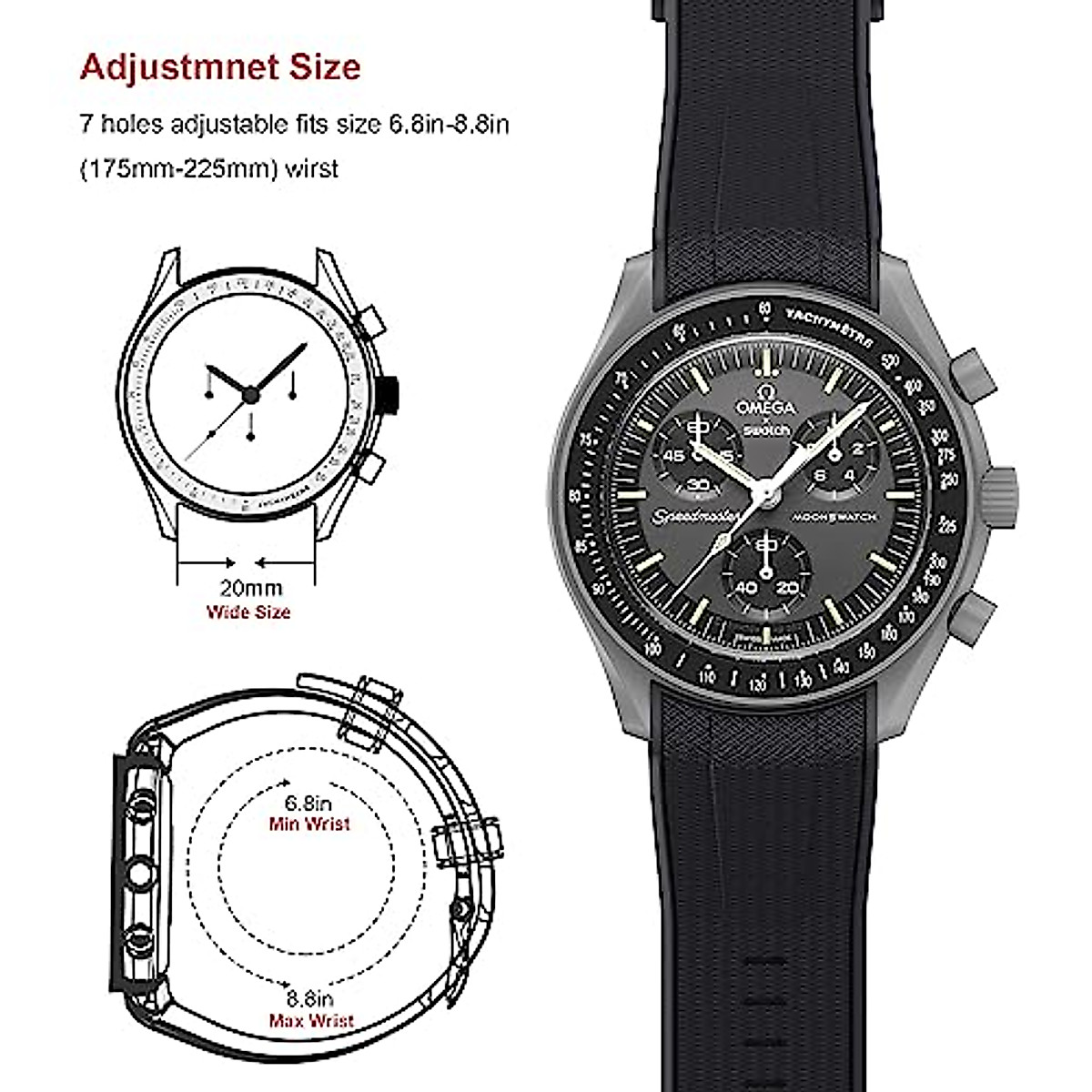 Stanchev Men's 20mm Soft Silicone Watch Band for Omega X Swatch MoonSwatch Speedmaster, Black